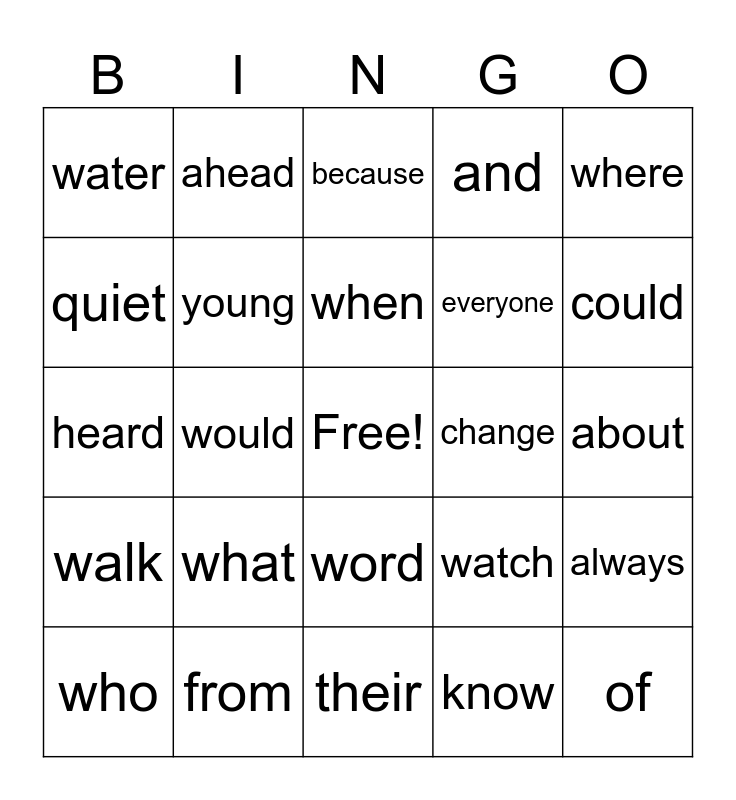 Tricky Words Bingo Card