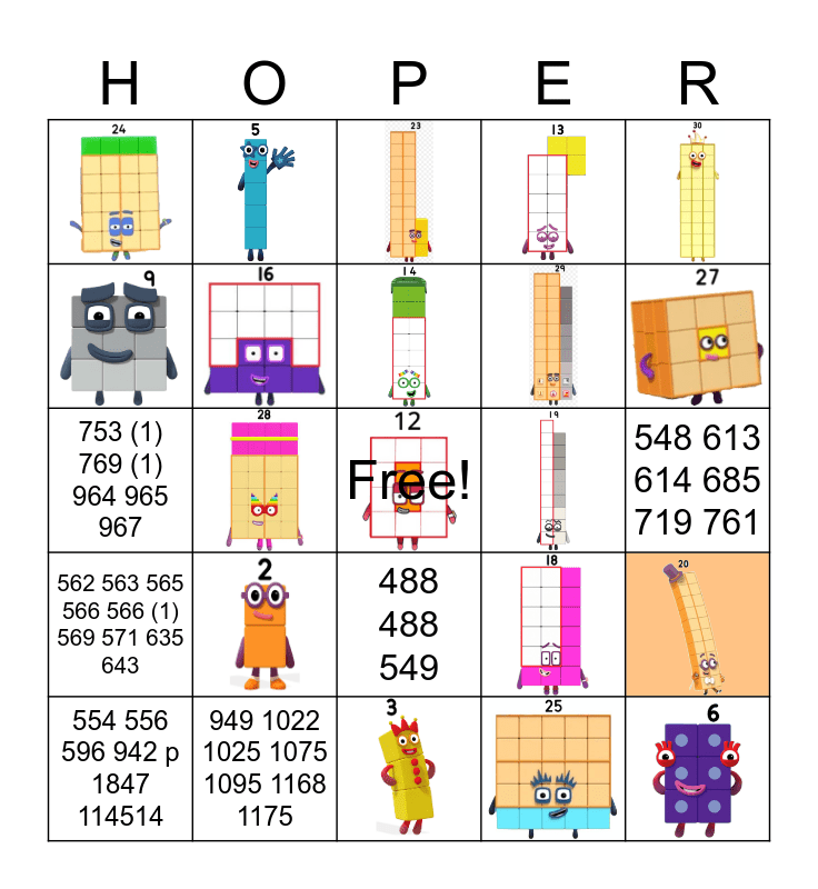 Number blocks Bingo Card