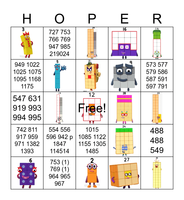 Number blocks Bingo Card