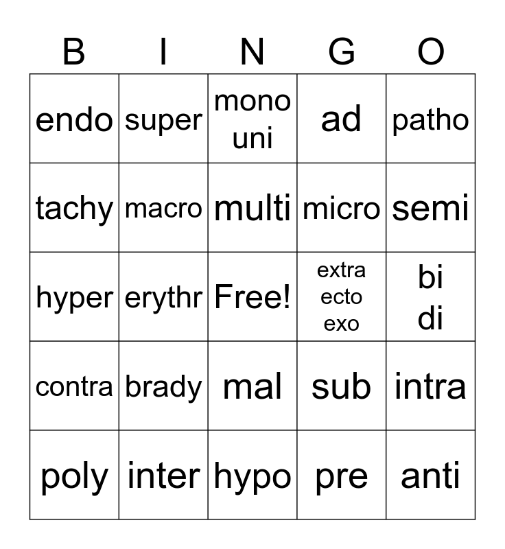 Prefixes Bingo Card