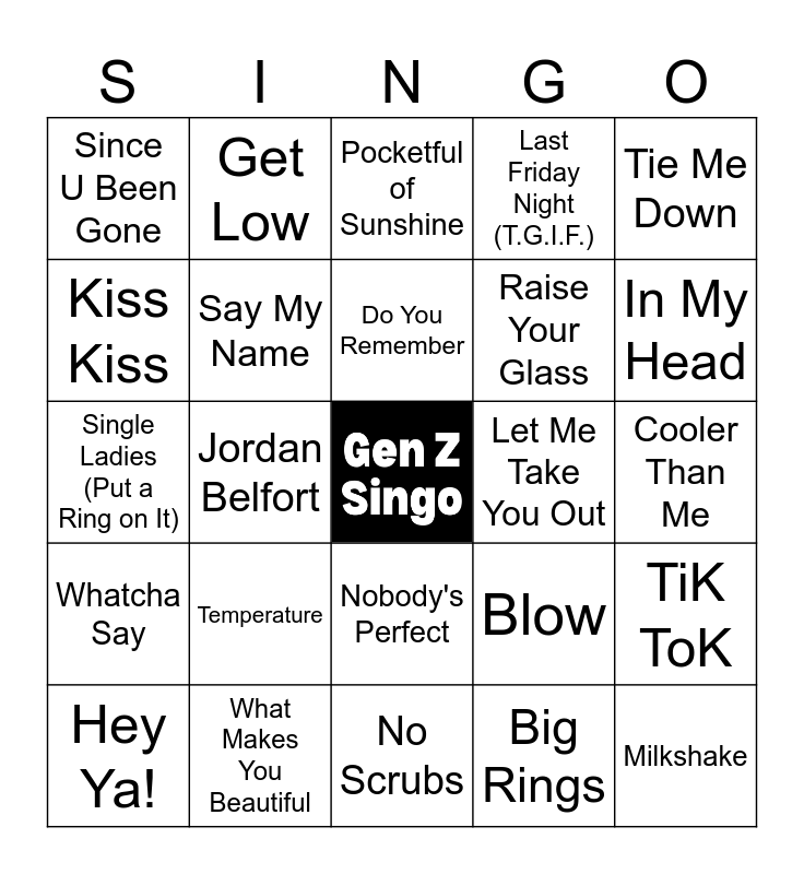 Gen Z Singo - 50 songs Bingo Card