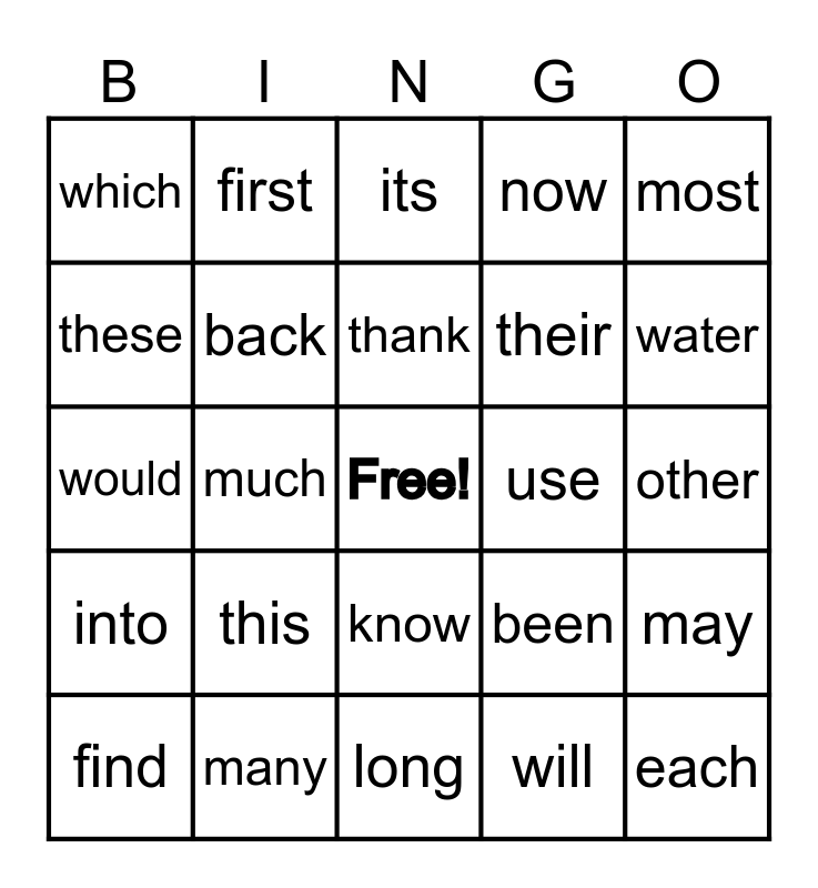 High Frequency Words Bingo Card