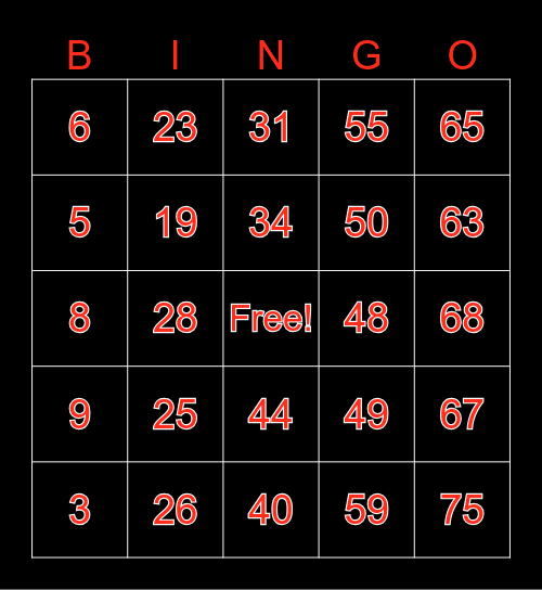 Number Bingo 1-75 Bingo Card