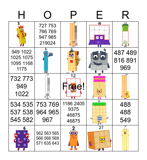 Number blocks Bingo Card