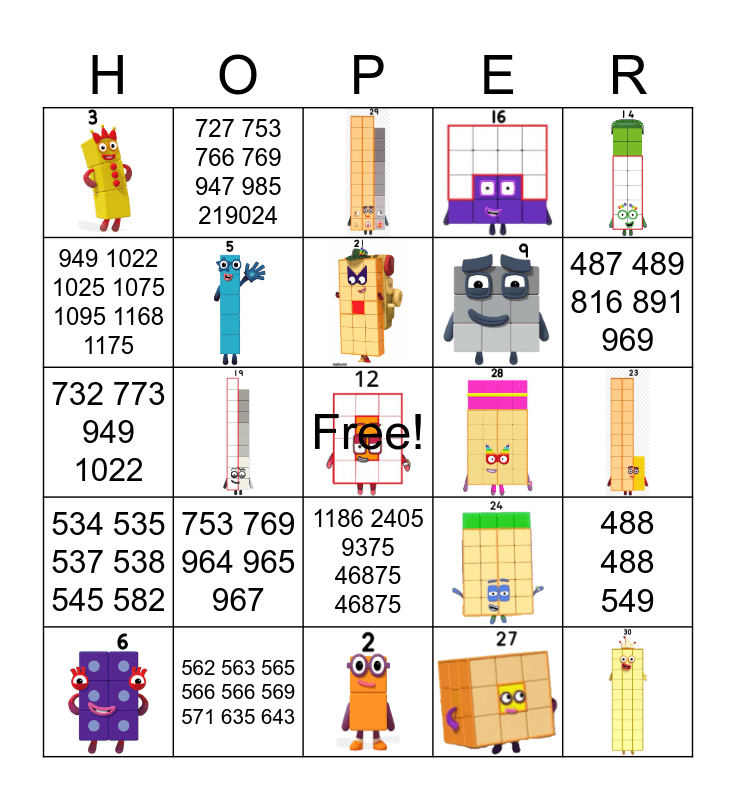 Number blocks Bingo Card