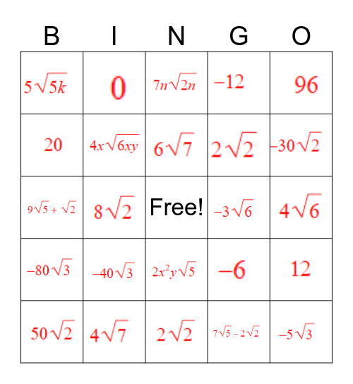 Radicals Practice Bingo Card