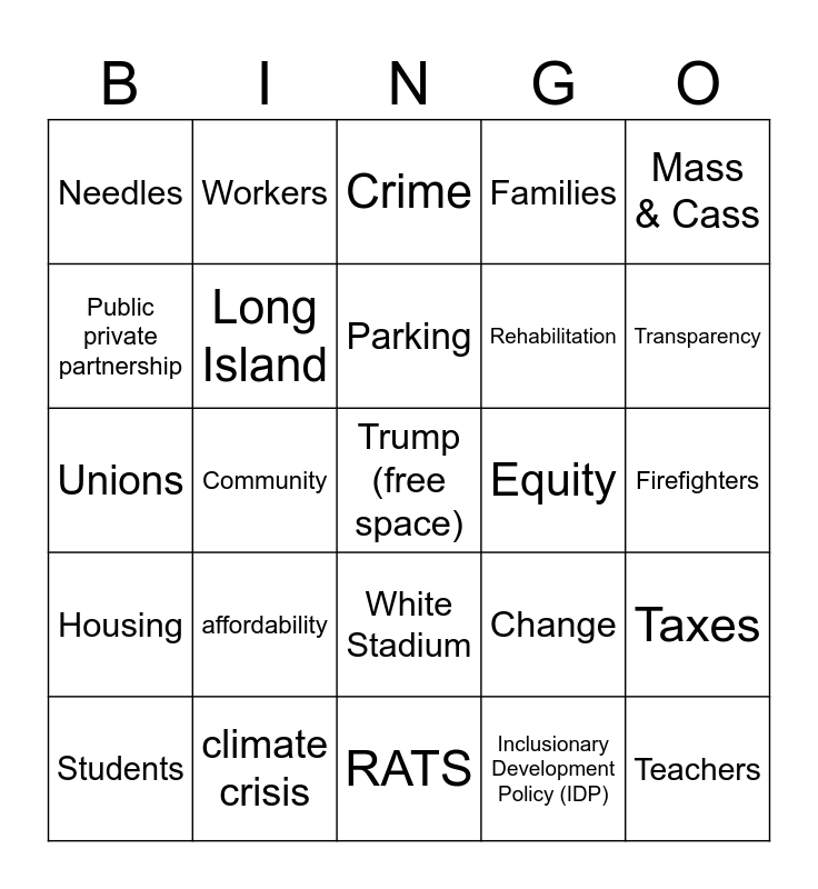 Boston Mayor Preliminary Election Debate Bingo Card
