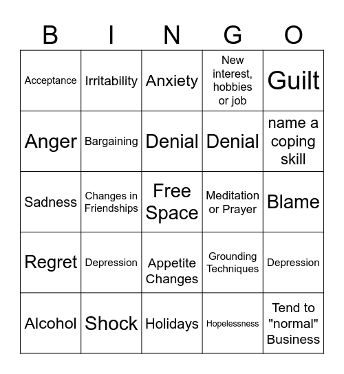 Grief Bingo Card