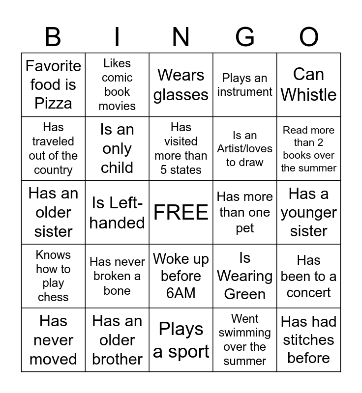 Middle School Bingo Card