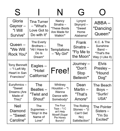 SINGO! Bingo Card