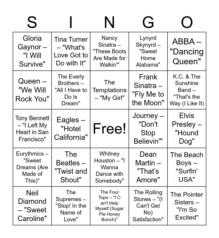SINGO! Bingo Card