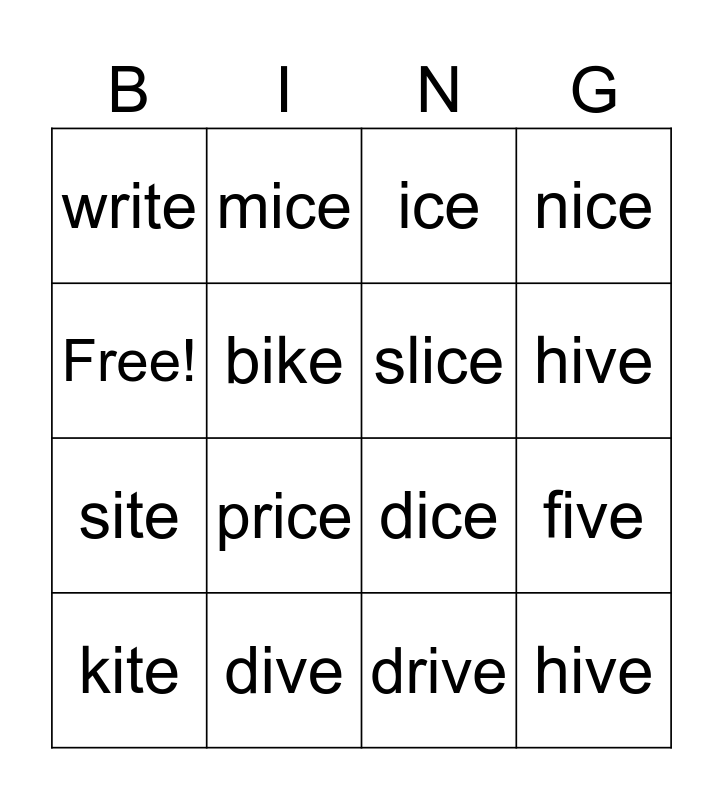 -ice -ite -ive Bingo Card