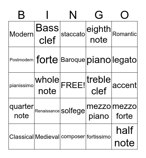 Music Theory Bingo Card