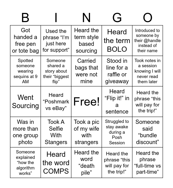 Poshfest Spouse Survival Bingo Card