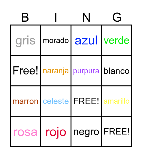 Spanish Colors Bingo Card
