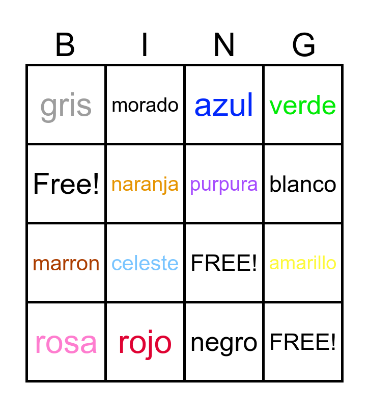 Spanish Colors Bingo Card