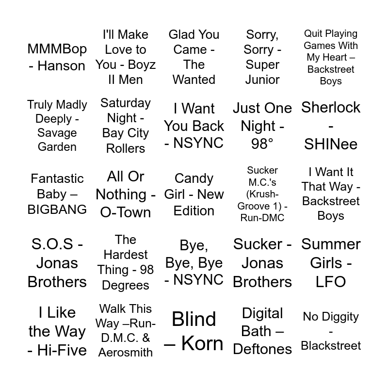 Bri's Boy Band Bringo!!! Bingo Card