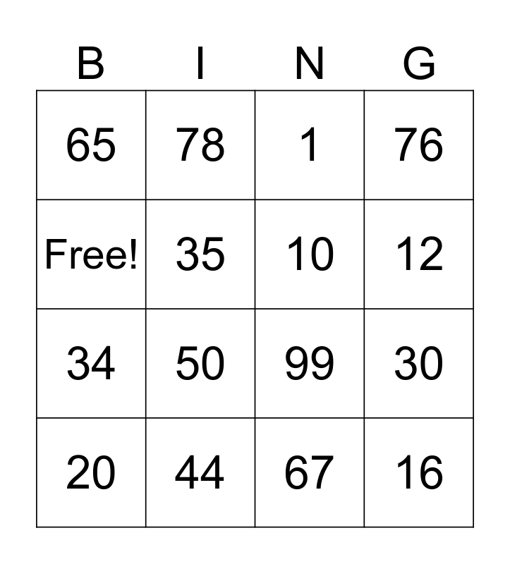 Numbers Bingo Card