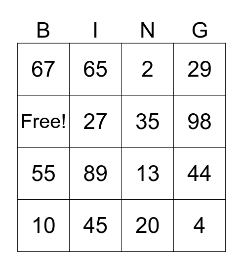 Numbers Bingo Card
