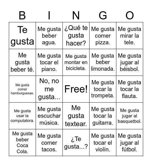 Likes and Dislikes Bingo Card
