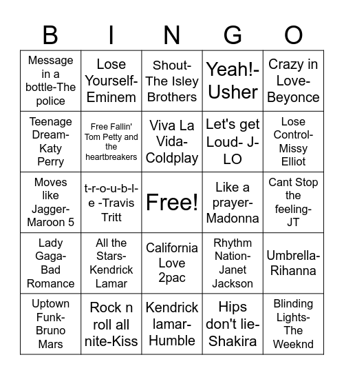 Football Halftime Music Bingo Card