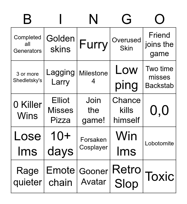 Forsaken Bingo Card