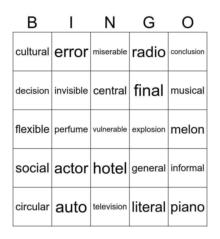 Perfect Cognates Bingo Card