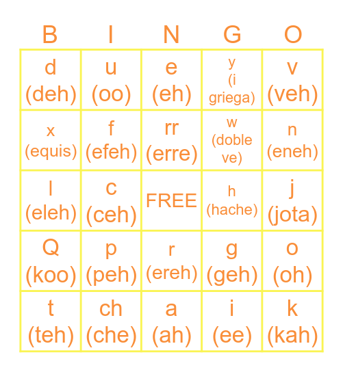 Spanish Alphabet Bingo Card