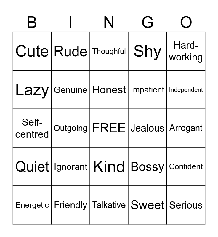 Personality Bingo Card