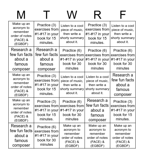 Beginning Band Bingo Card