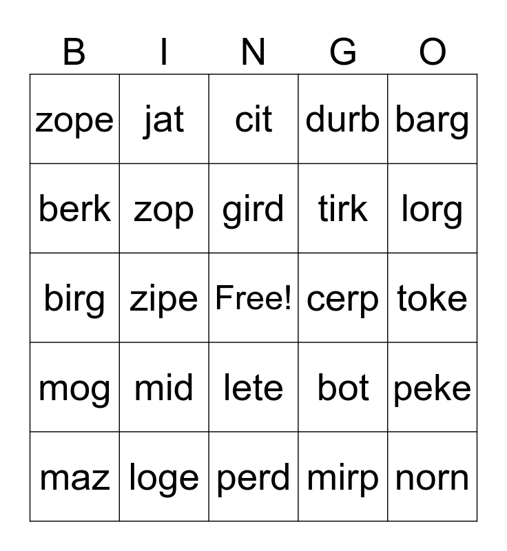 Nonsense Words Bingo Card