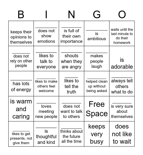 Personality Bingo Card