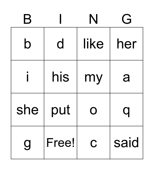 Memory Words and alphabet Bingo Card