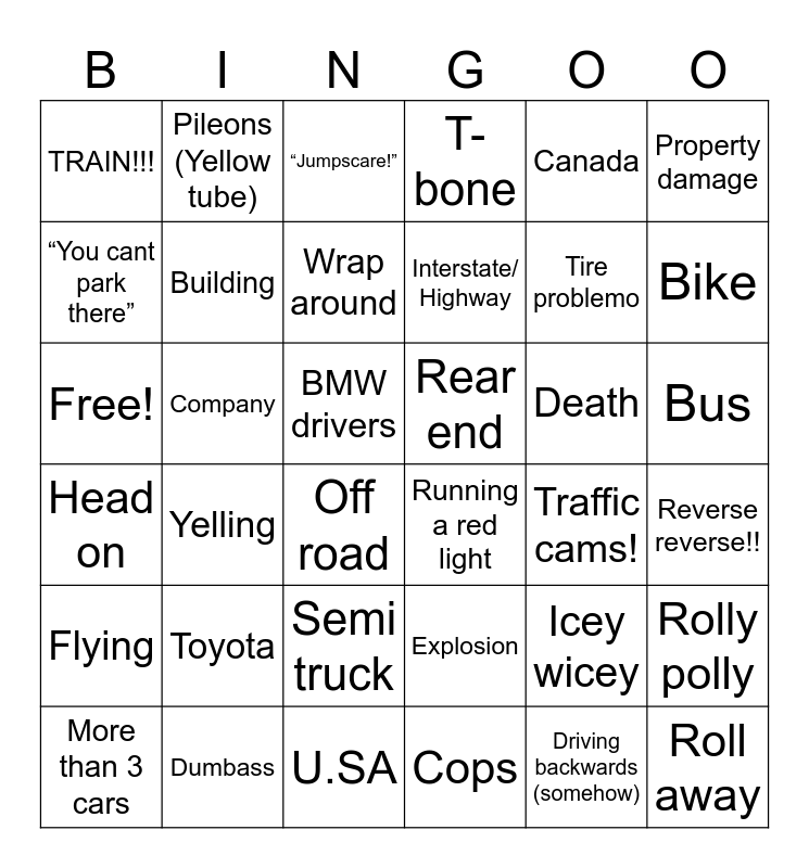 Car crash Bingo Card