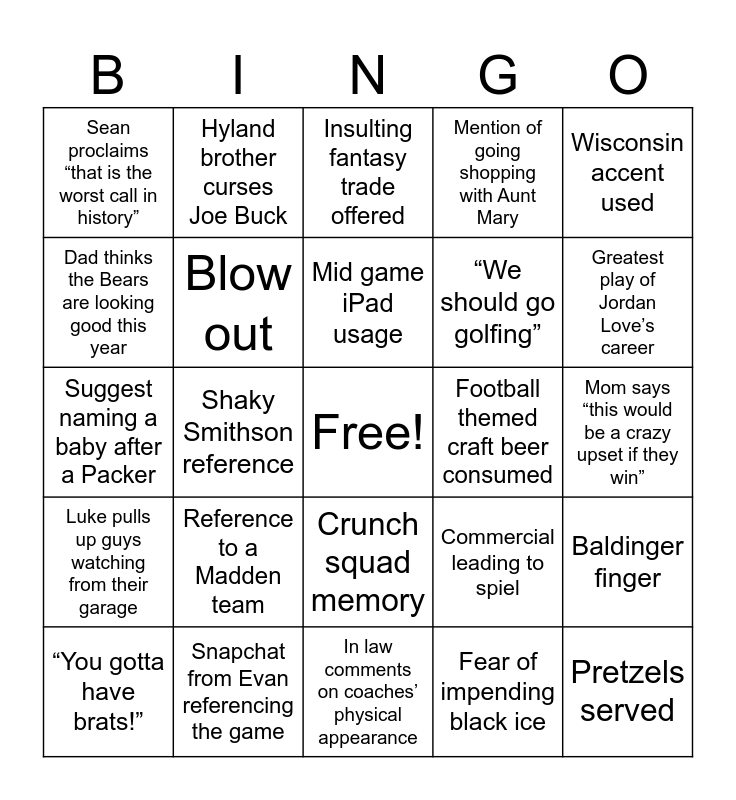 Hyland Packer Game Bingo Card