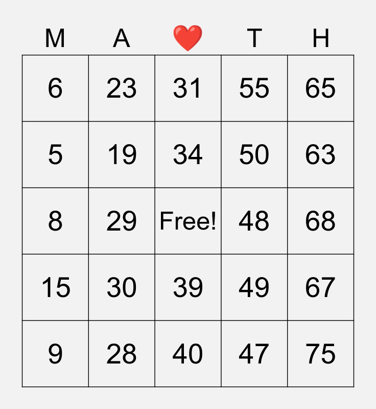 SCI-MATH CELEBRATION Bingo Card