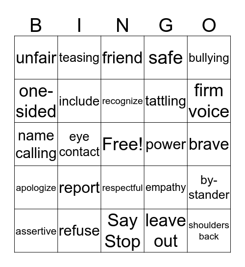 2nd Step Bullying Prevention Bingo Card