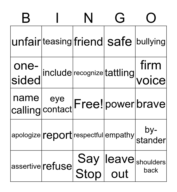 2nd Step Bullying Prevention Bingo Card