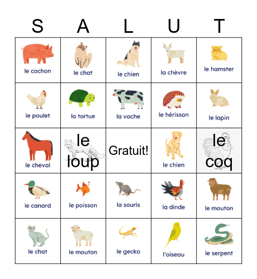 Les animaux avec les images Bingo Card
