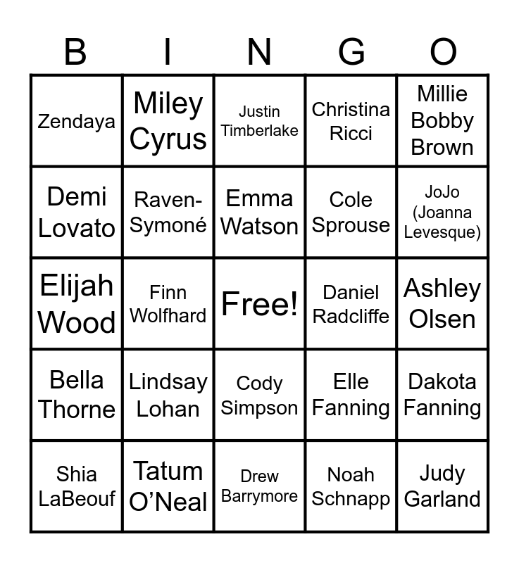 Child Star Bingo Card