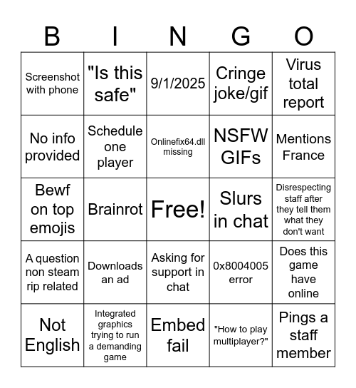 Steamrip bingo Card