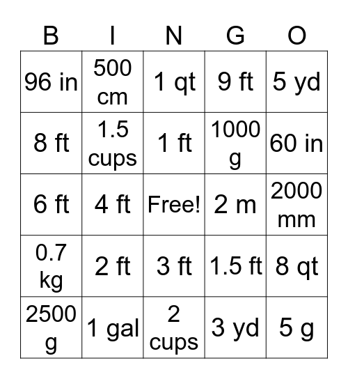 Unit Conversion Bingo Card