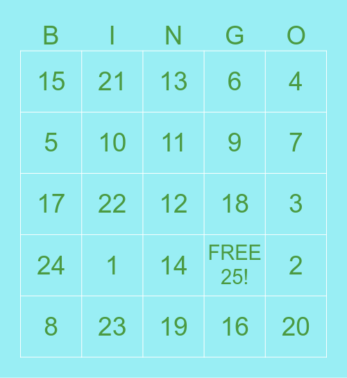 NUMBERS 1-25 bingo Card