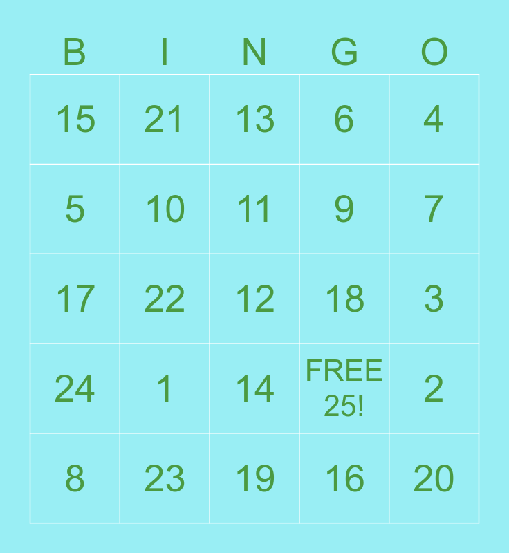 NUMBERS 1-25 bingo Card