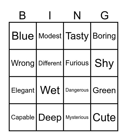 Bingo of Adjectives Bingo Card