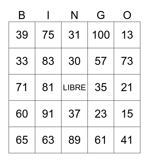 numbers 1-100 Bingo Card