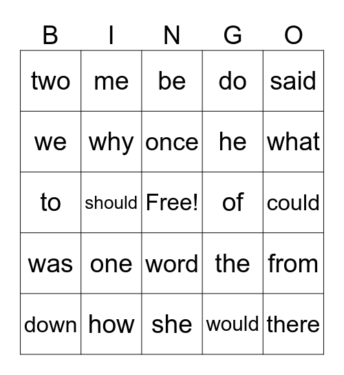 Tricky Words Bingo Card