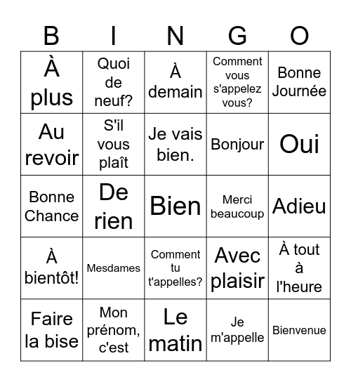 Les Salutations Bingo Card