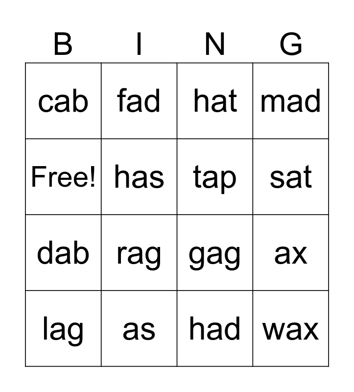 Lesson 35a Bingo Card
