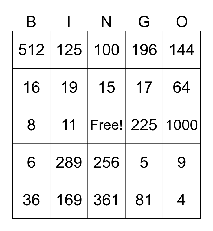 Perfect Square and Square Root Perfect Cubes and Cube Roots Bingo Card
